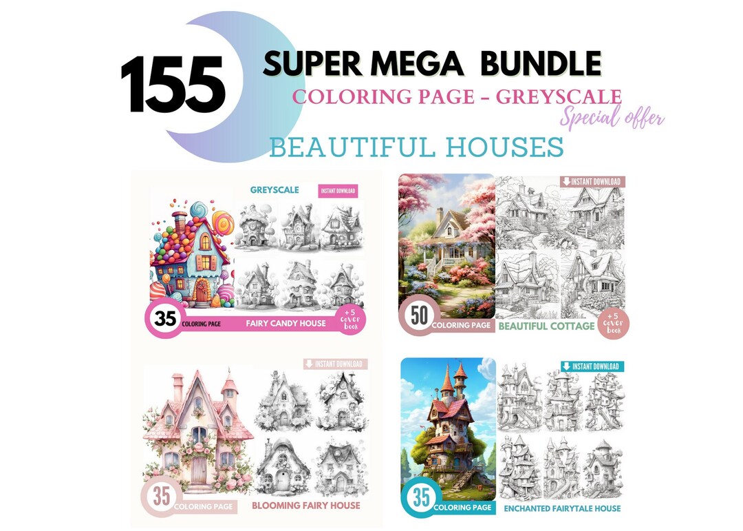 155 Bundle Beautiful Houses,coloring Pages for Adults,grayscale ...