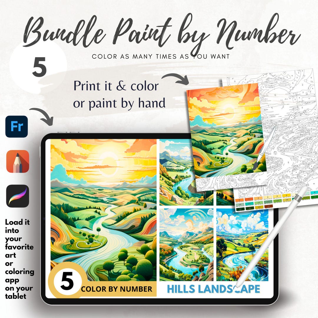 Color by Number for Adult, Paint by Number Printable, 5 Hills Landscape ...