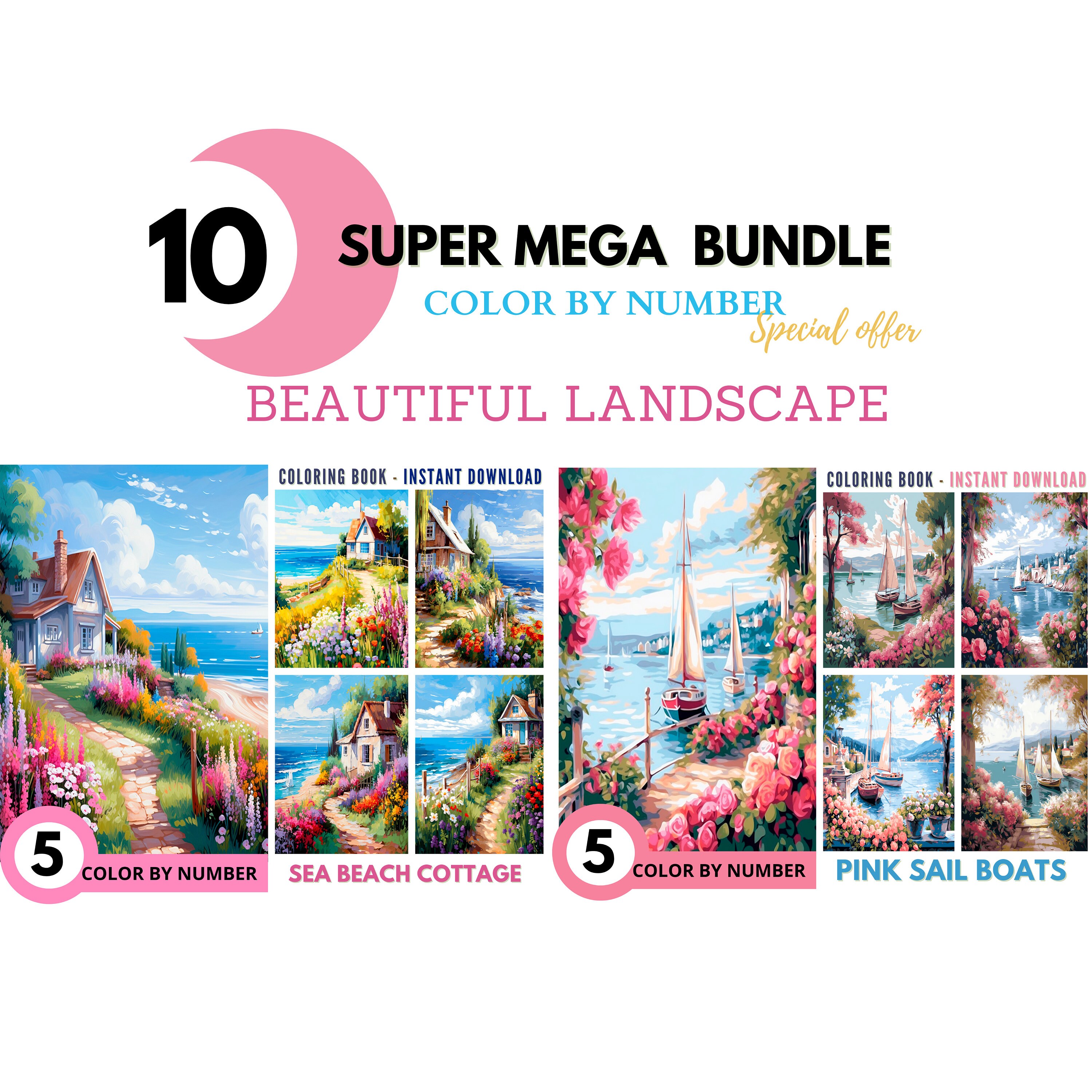 Bundle 10 Beautiful Landscape,color by Number for Adult, Paint by ...