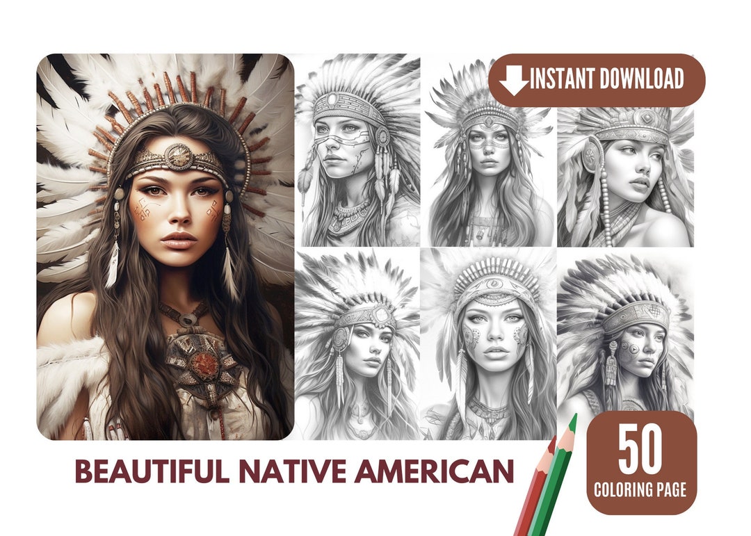 50 Woman Native American Coloring Book - Adults Coloring Pages, Instant ...