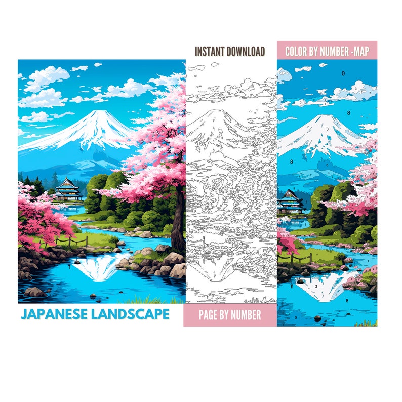 5 Japanese Landscape Color by Number for Adult, Paint by Number ...