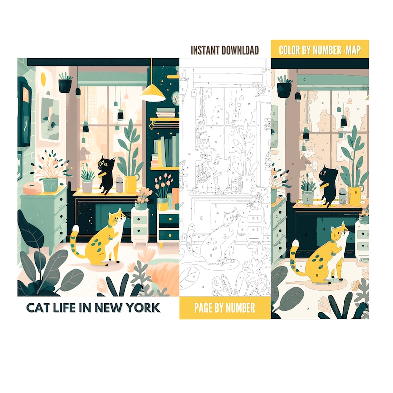 Color by Number Adult,paint by Number Printable, Cat Life in Apartment ...