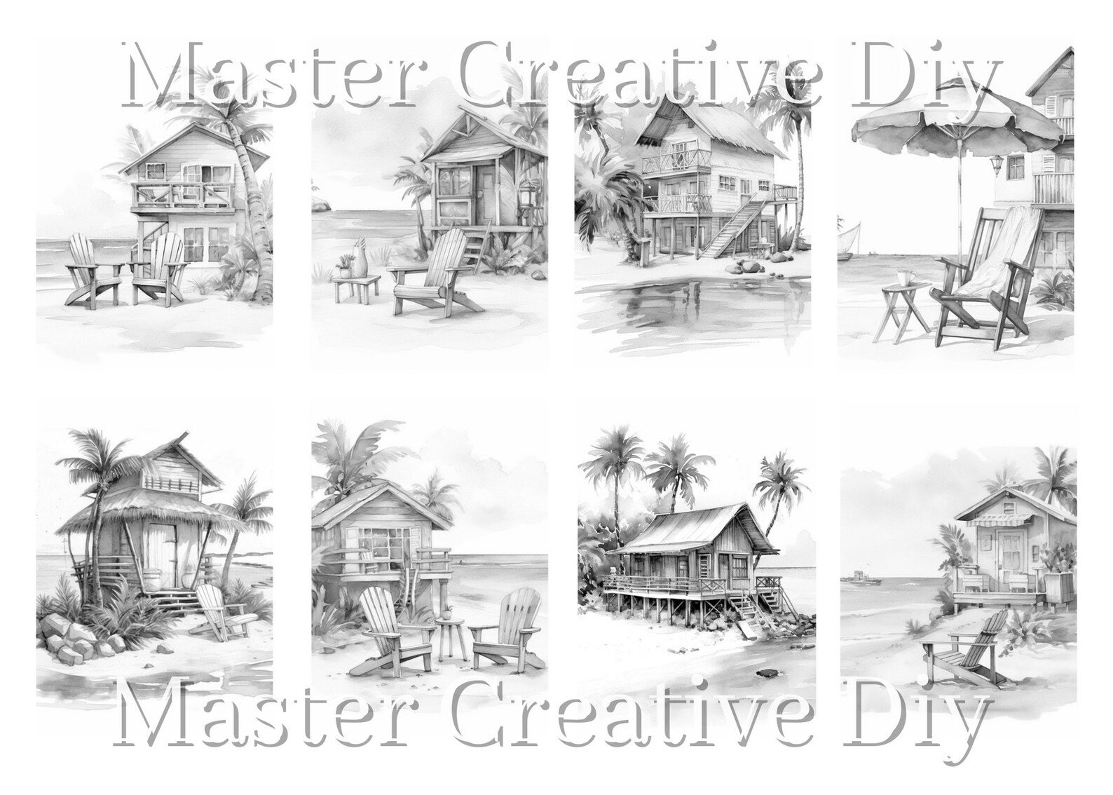 50 Beach House Coloring Book - Adults Coloring Pages, Instant Download ...