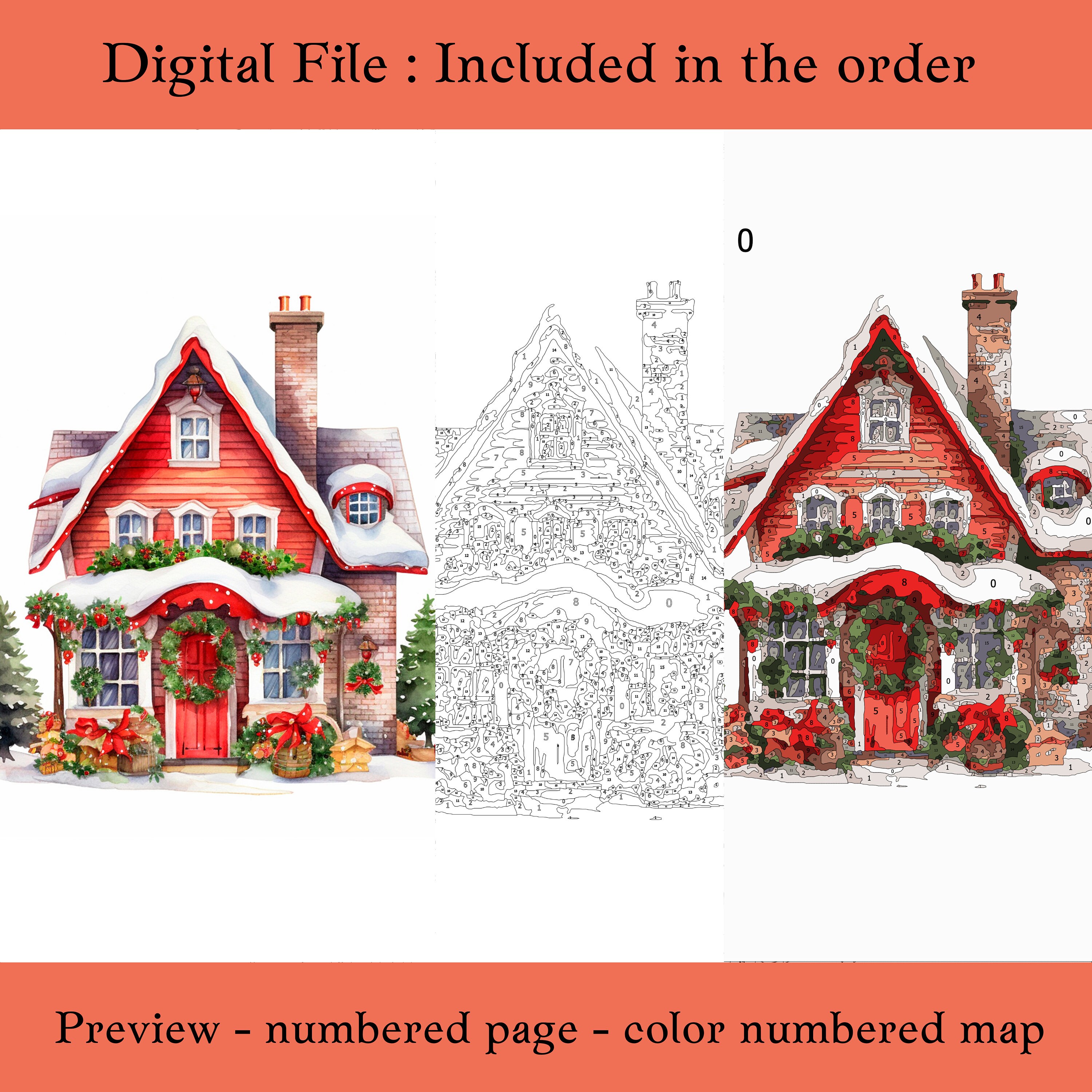 5 Christmas House, Color by Number for Adult, Paint by Number Printable ...