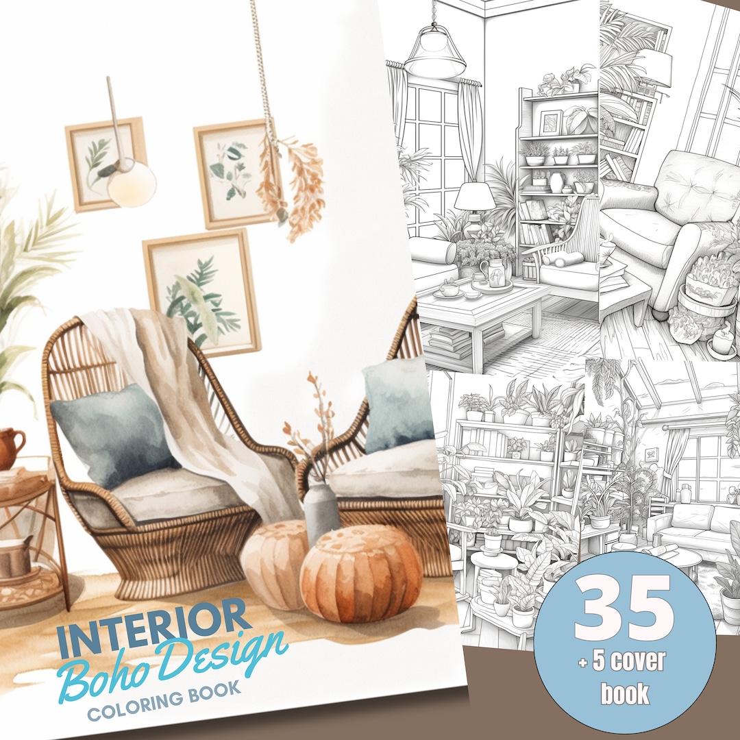 35 Boho Interior Design Coloring Pages for Adults,grayscale Coloring ...