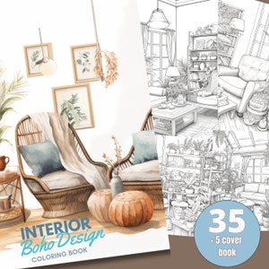 35 Boho Interior Design Coloring Pages for Adults,grayscale Coloring ...
