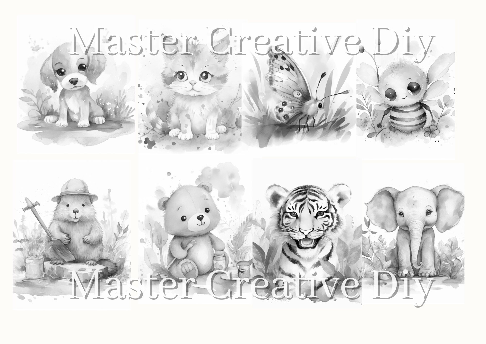 35 Cute Baby Animal Coloring Pages for Adultsgrayscale - Etsy