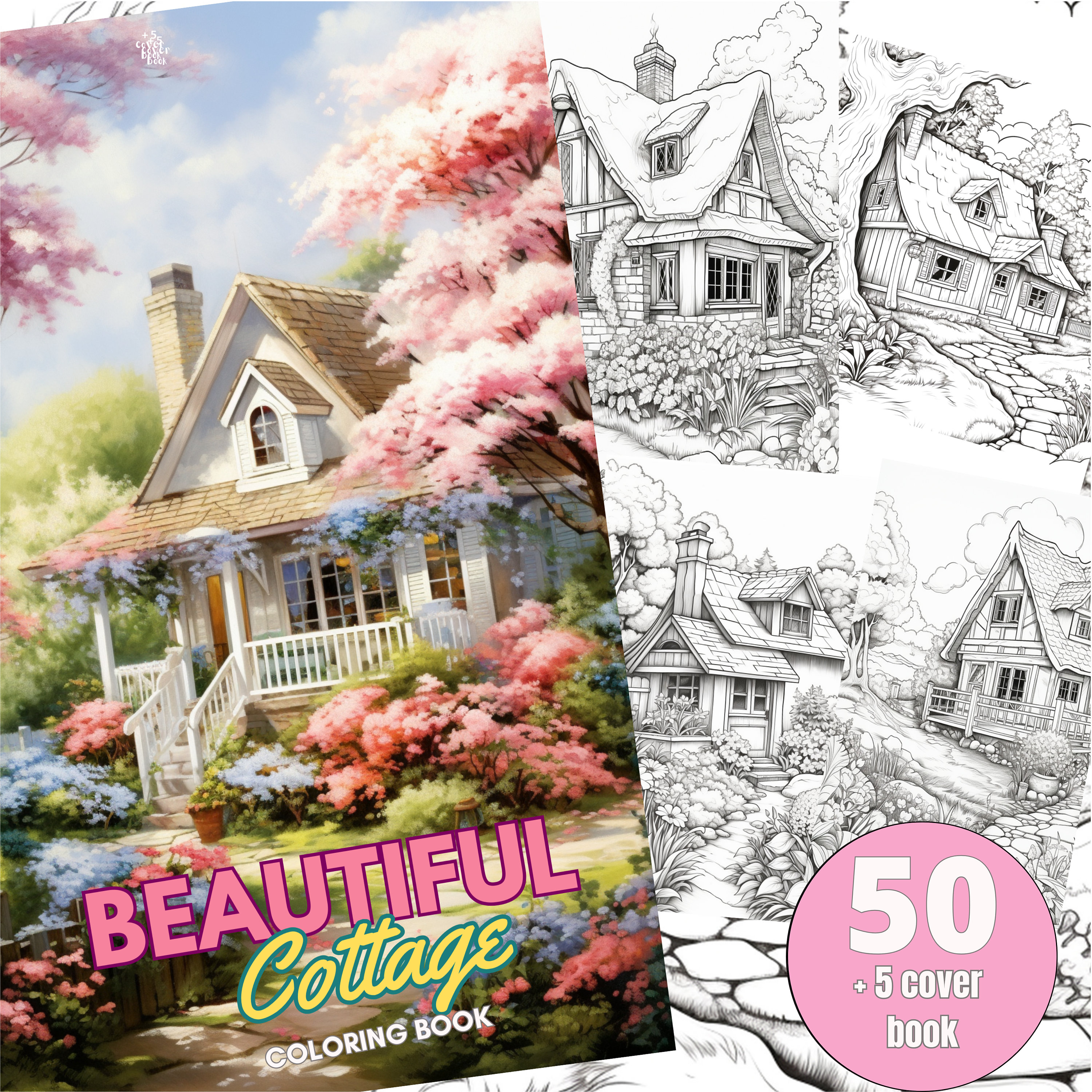 50 Beautiful Cottage Coloring Book, Printable Coloring Page for Adult ...