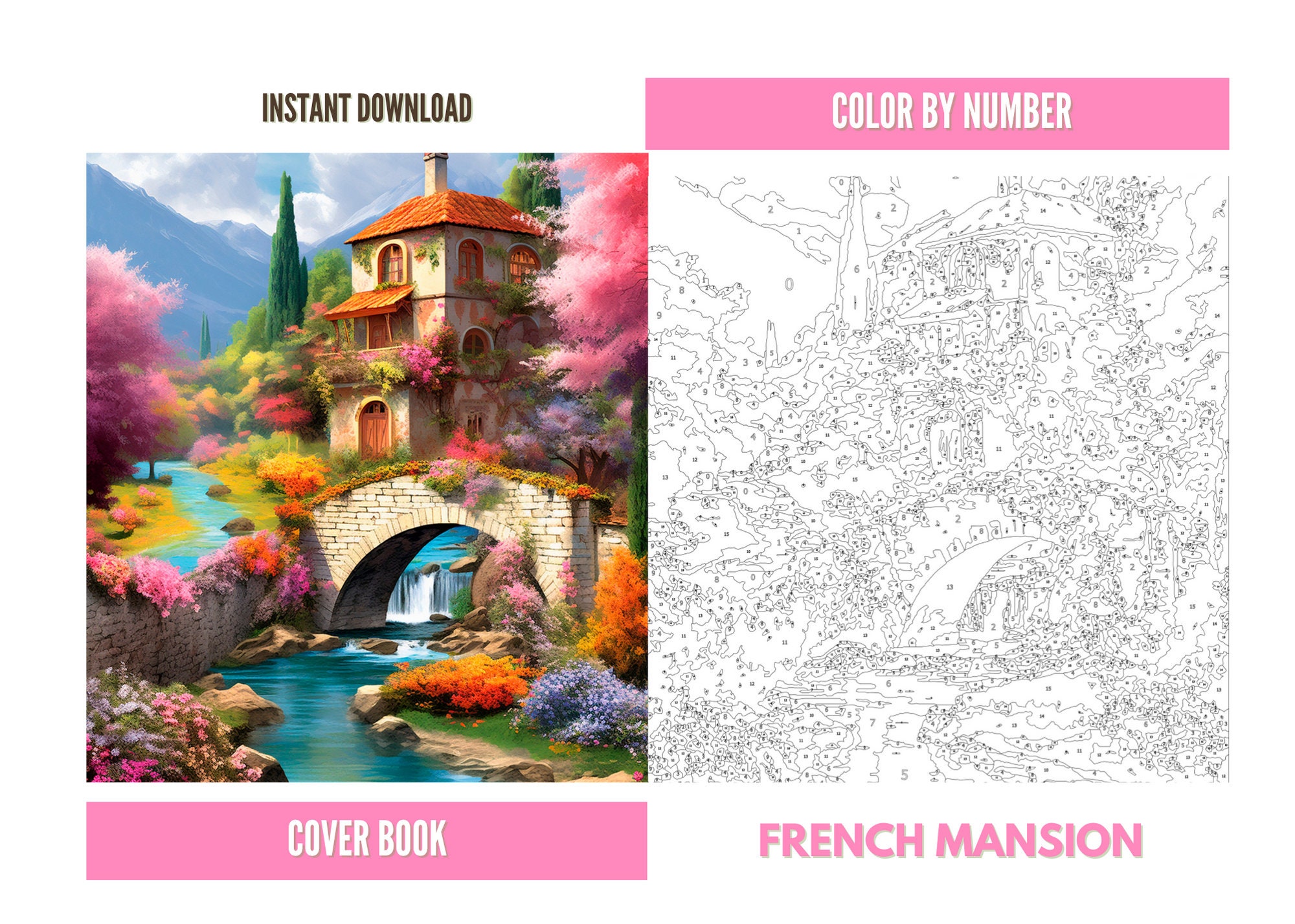 5 French Mansion Color by Number for Adult, Paint by Number Printable ...