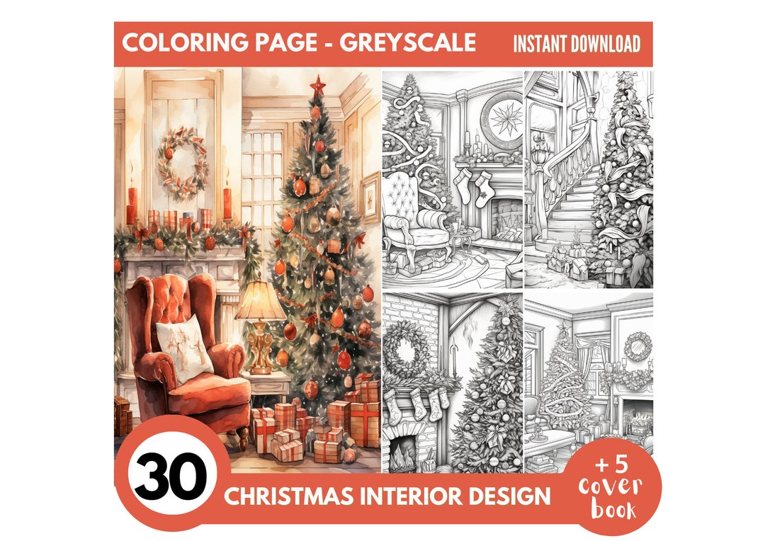 30 Christmas Interior Design Coloring Book - Adults Coloring Pages ...