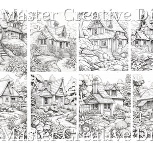 50 Beautiful Cottage Coloring Book, Printable Coloring Page for Adult ...