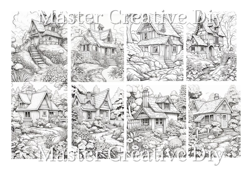 50 Beautiful Cottage Coloring Book, Printable Coloring Page for Adult ...