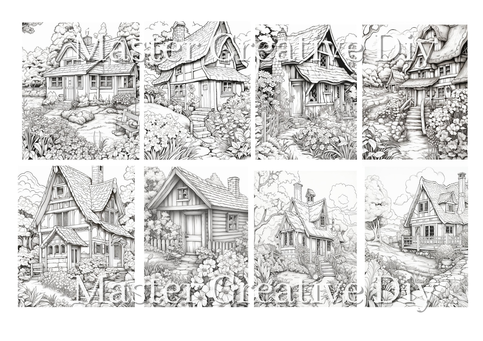 50 Beautiful Cottage Coloring Book, Printable Coloring Page for Adult ...