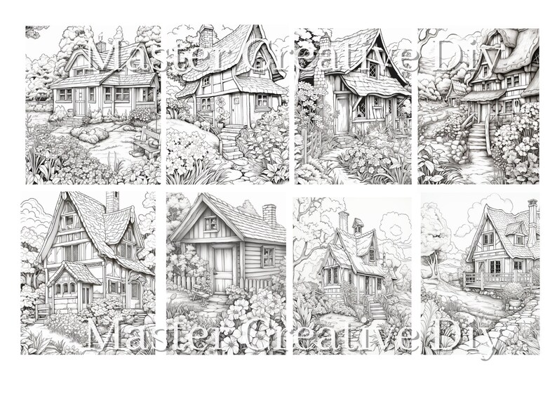50 Beautiful Cottage Coloring Book, Printable Coloring Page for Adult ...