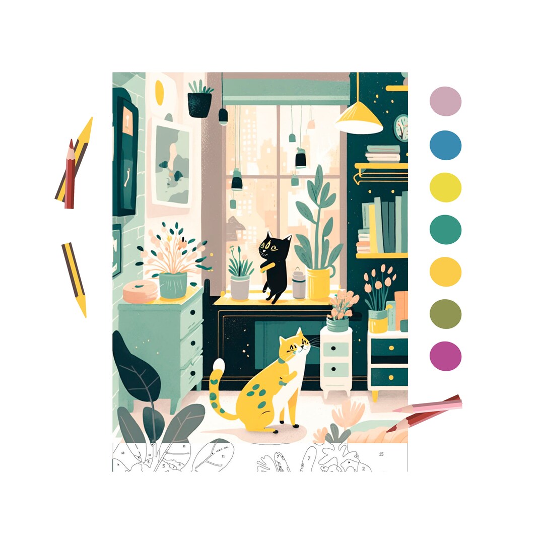 Color by Number Adult,paint by Number Printable, Cat Life in Apartment ...