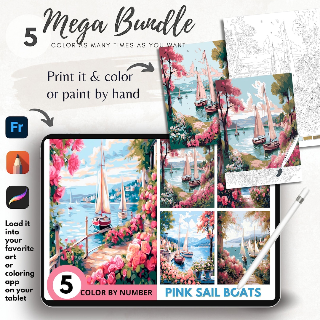 Color by Number for Adult, Paint by Number Printable,5 Sea Sail Boats ...