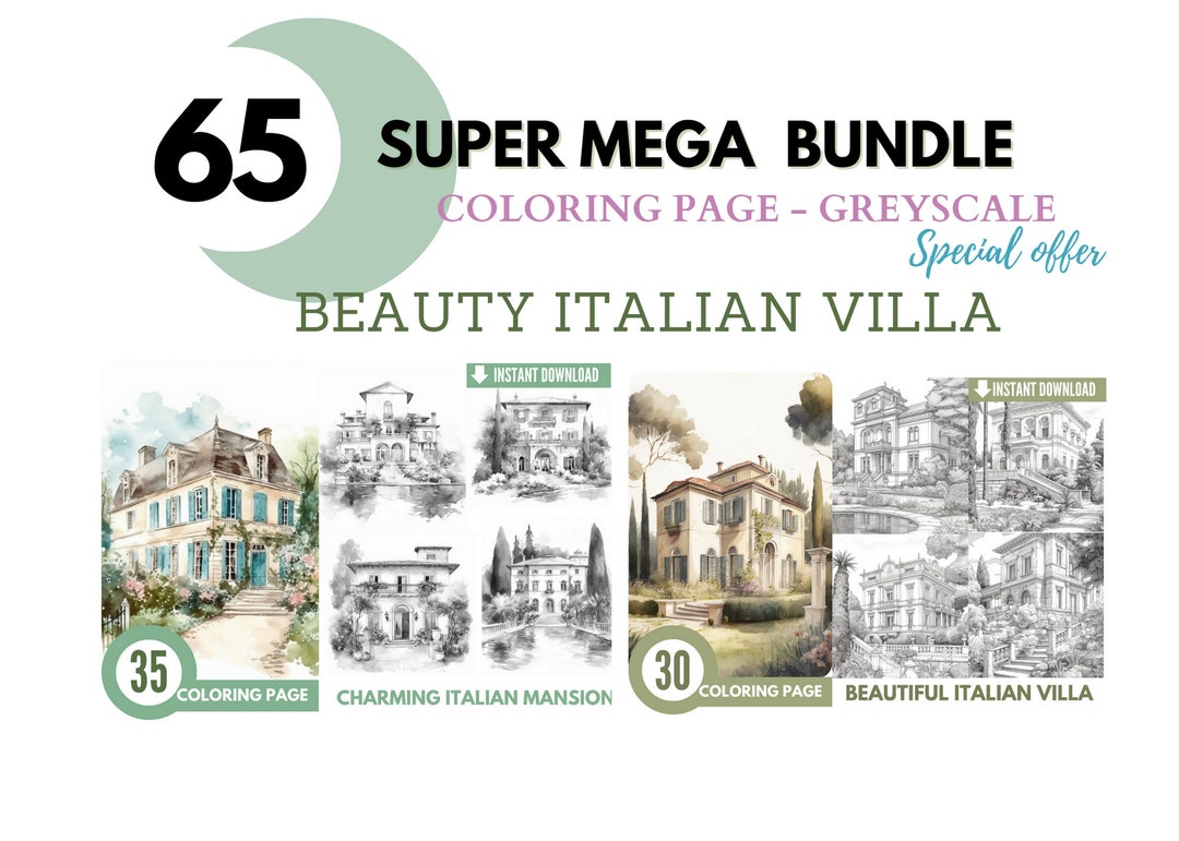 65 Bundle Italian Villa, Coloring Pages for Adults,grayscale Coloring ...