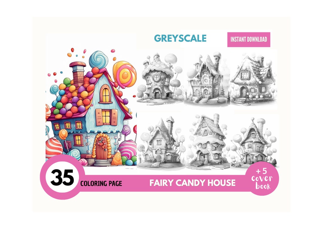35 Fairy Candy House Coloring Pages for Adults,grayscale Coloring Book ...