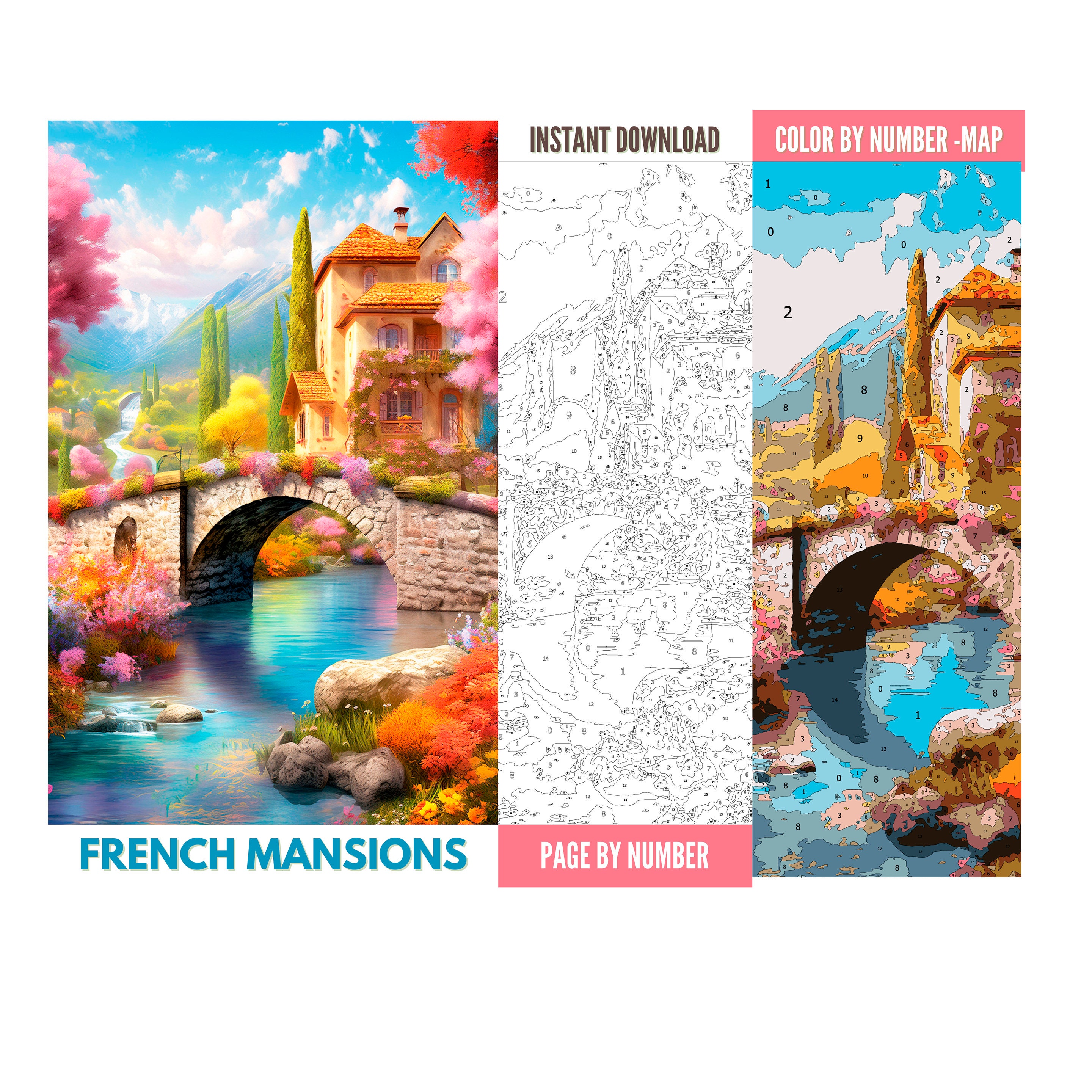 5 French Mansion Color by Number for Adult, Paint by Number Printable ...