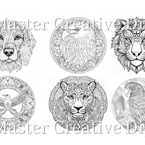 30 Mandala Animal Coloring Pages for Adults, Grayscale Coloring Book ...