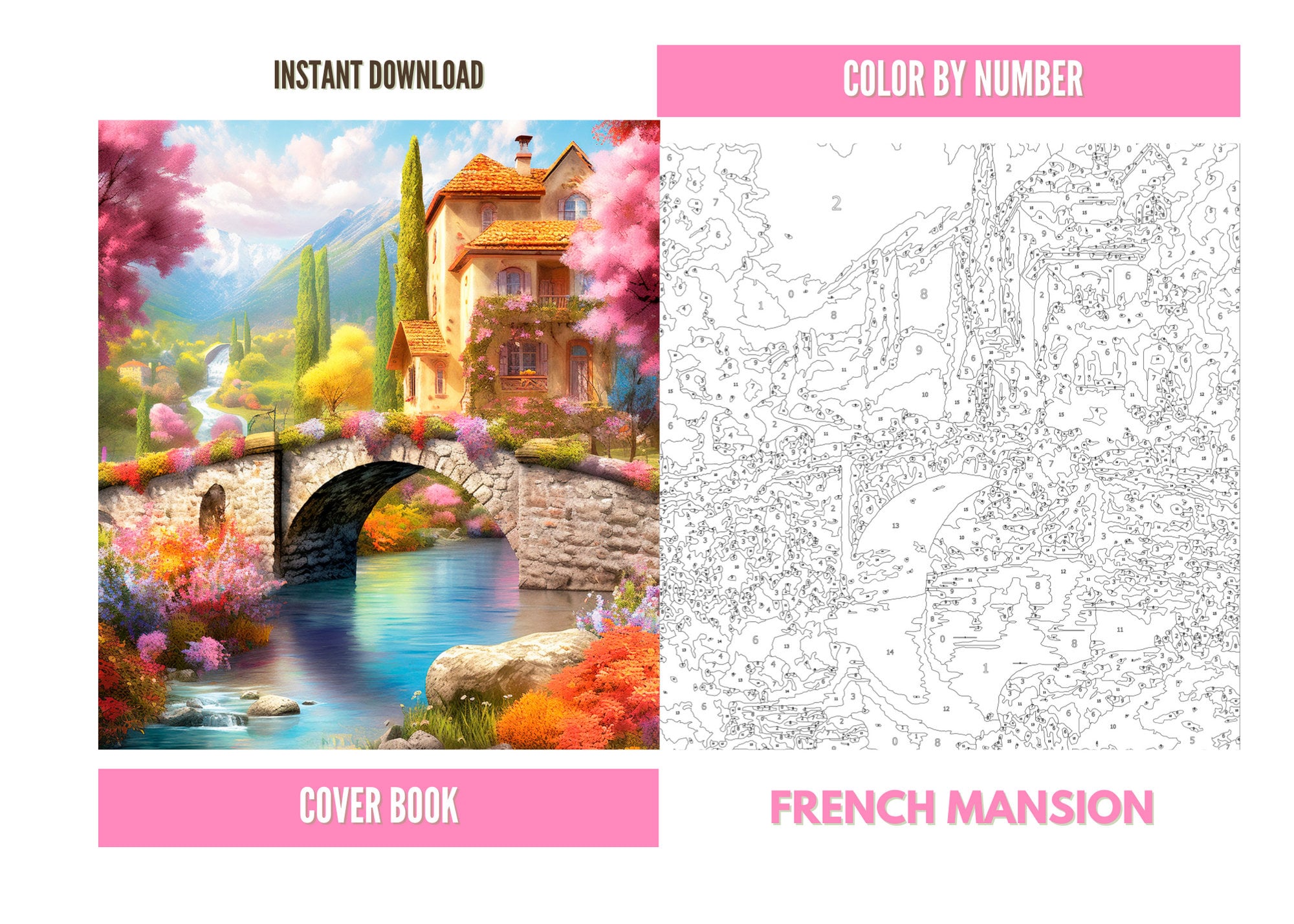 5 French Mansion Color by Number for Adult, Paint by Number Printable ...