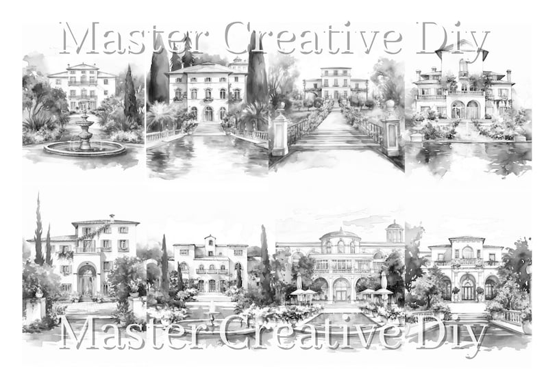 65 Bundle Italian Villa, Coloring Pages for Adults,grayscale Coloring ...