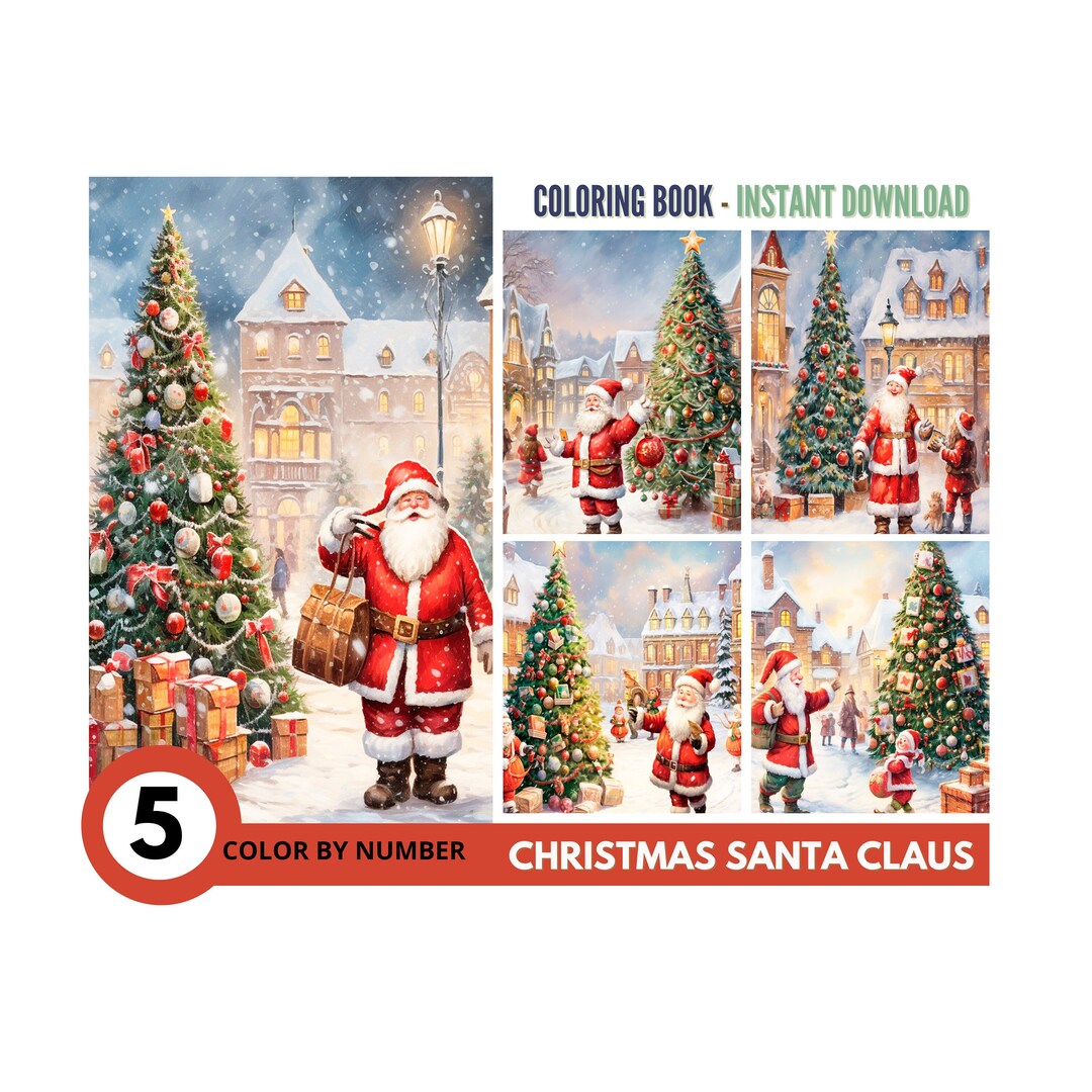 5 Christmas Santa ,color by Number for Adult, Paint by Number Printable ...