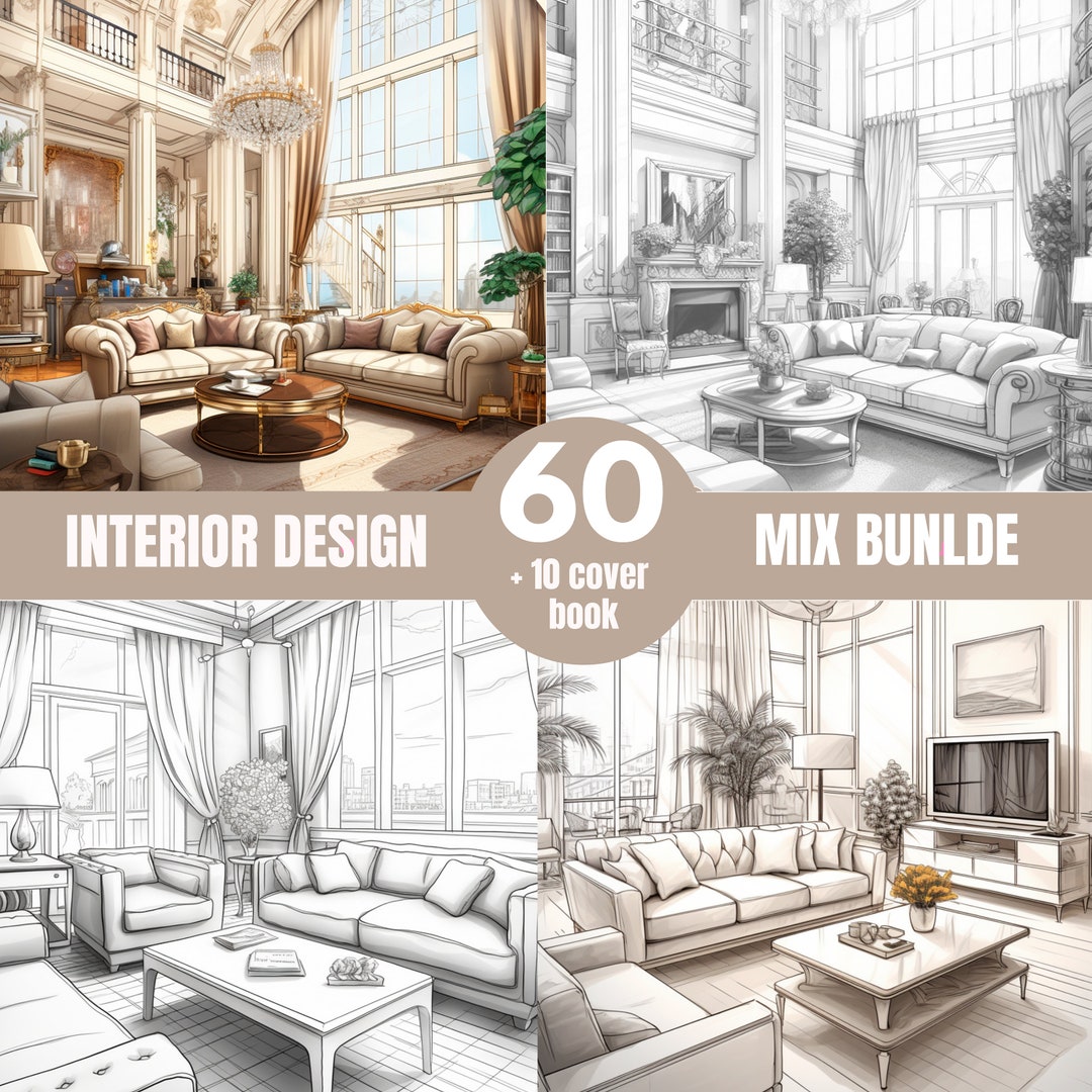 60 Luxury Interior Design Coloring Book - Adults Coloring Pages ...