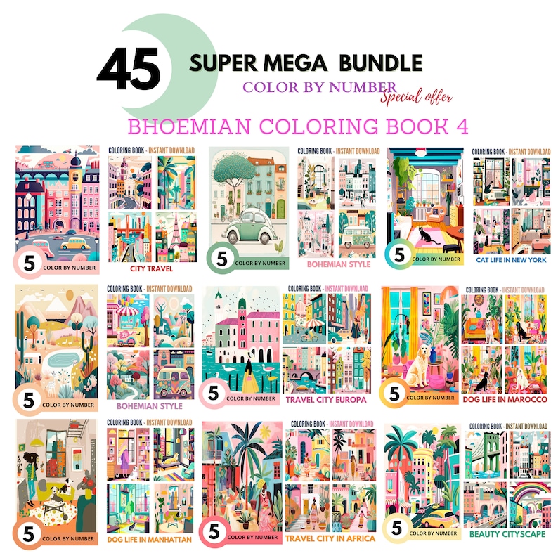 Bundle 45 Color by Number for Adult, Paint by Number Printable ...