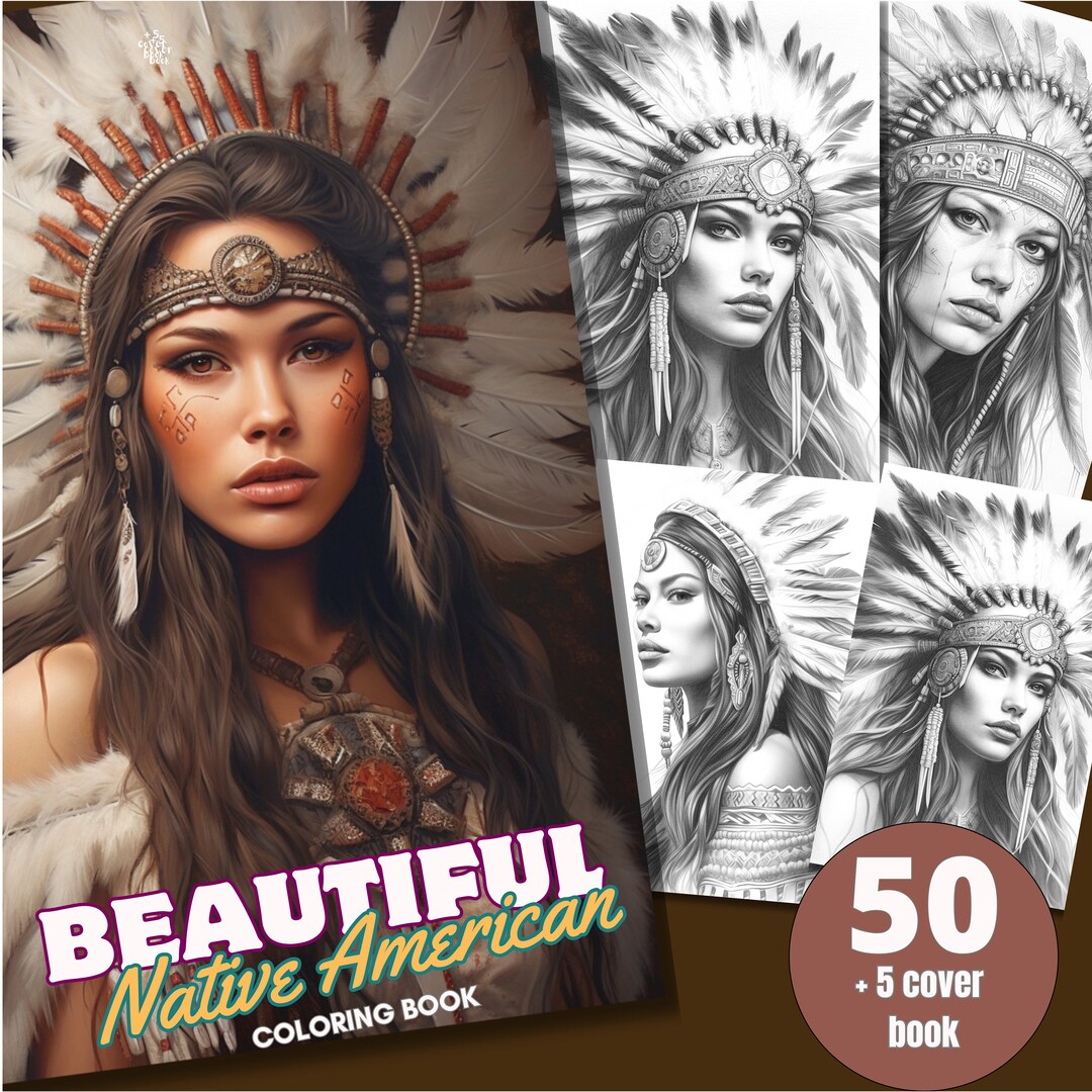 50 Woman Native American Coloring Book - Adults Coloring Pages, Instant ...