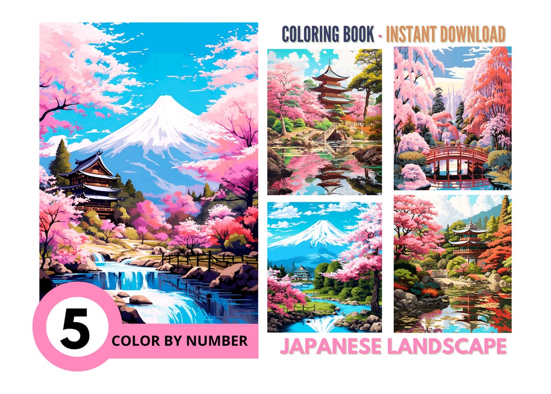 5 Japanese Landscape Color by Number for Adult, Paint by Number ...