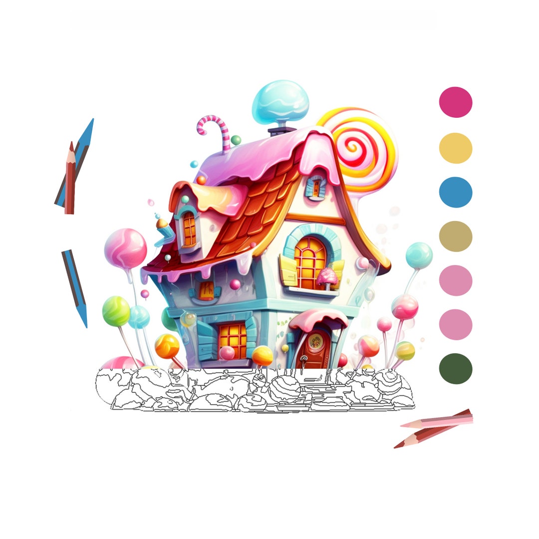 Fairy Candy House Coloring Pages for Adults, Grayscale Coloring Book ...