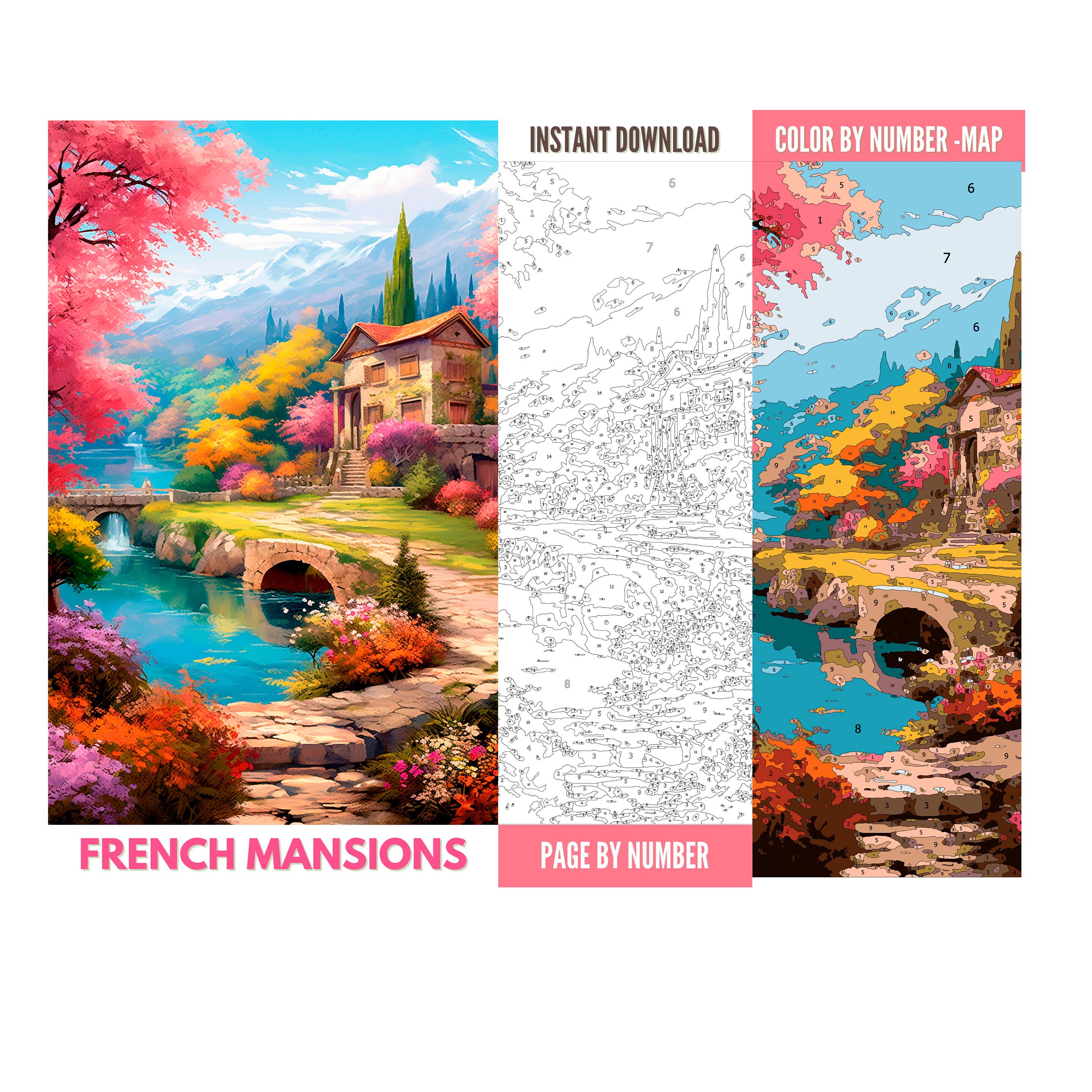 5 French Mansion Color by Number for Adult, Paint by Number Printable ...