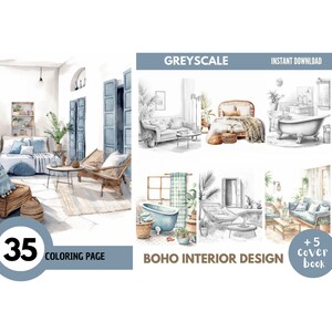 35 Boho Interior Design Coloring Pages for Adults, Grayscale Coloring ...
