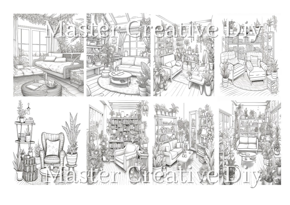 35 Boho Interior Design Coloring Pages for Adults,grayscale Coloring ...