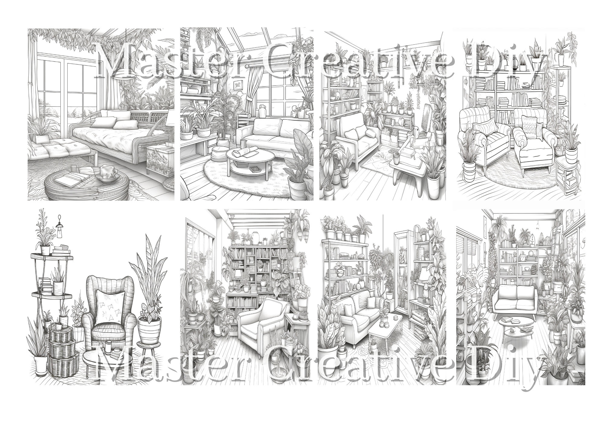 35 Boho Interior Design Coloring Pages for Adultsgrayscale - Etsy