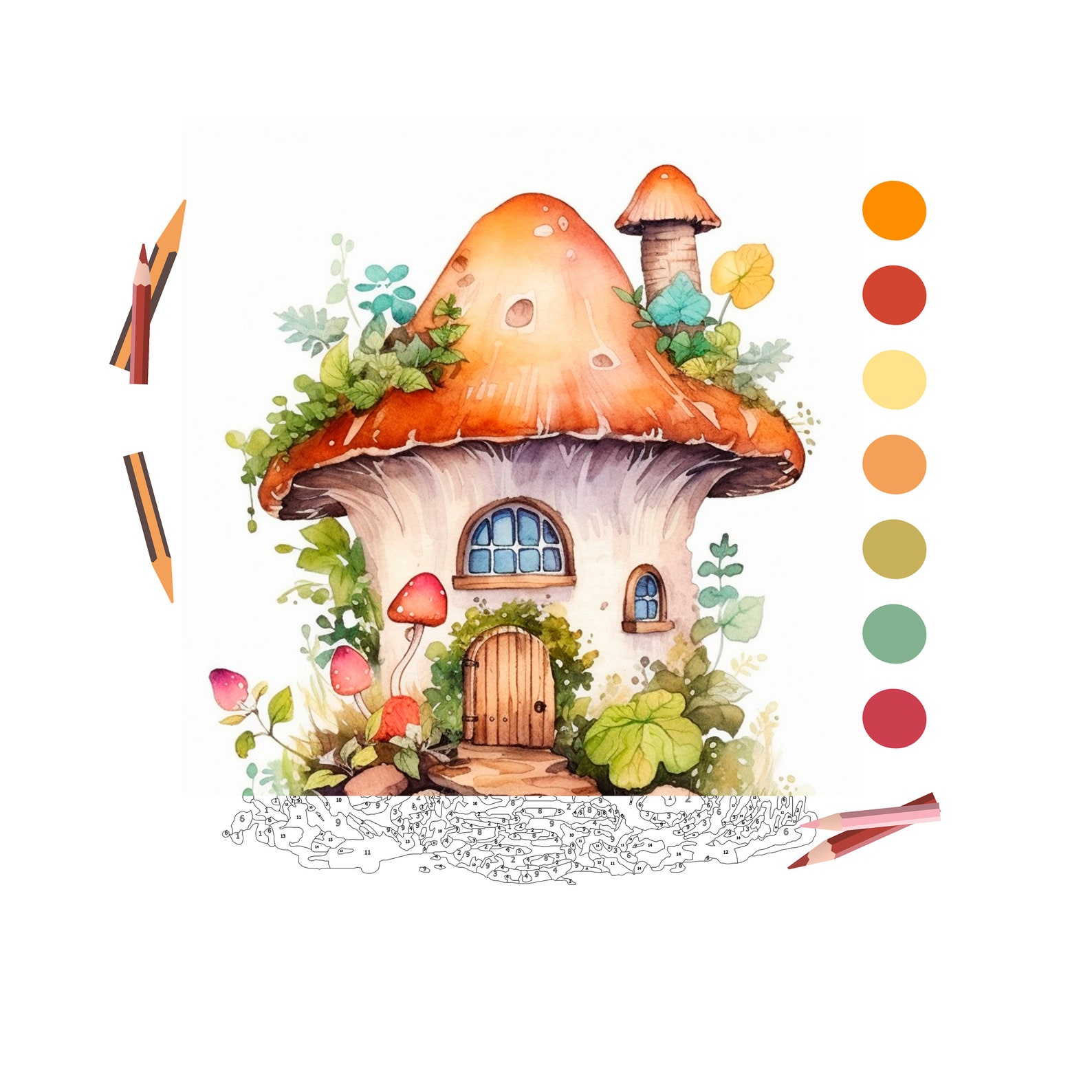 Mushroom House Color by Number for Adult for Procreate, Paint by Number ...
