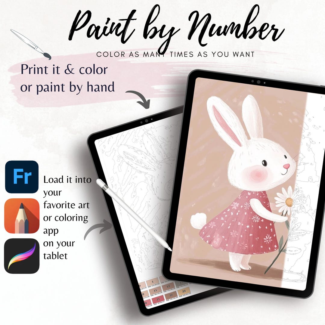 Cute Pink Bunny Color by Number for Adult, Paint by Number Printable ...