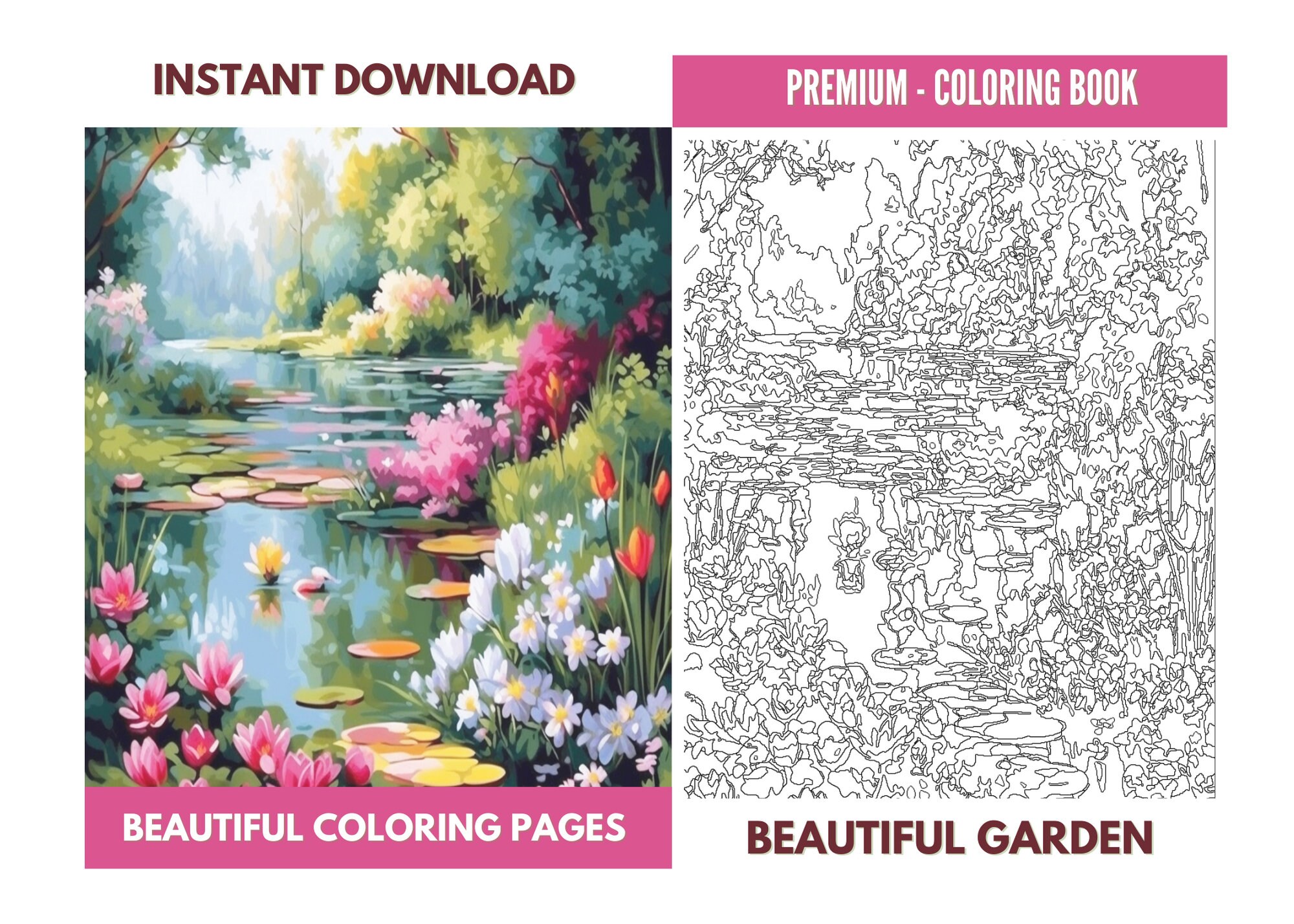 Beautiful Garden Coloring Pages for Adults, Grayscale Coloring Book ...