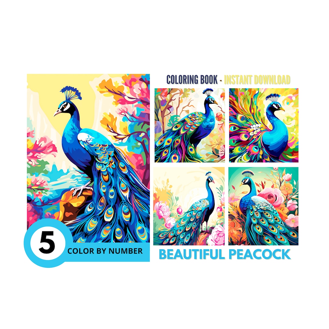 5 Beautiful Peacock Color by Number for Adult,paint by Number Printable ...