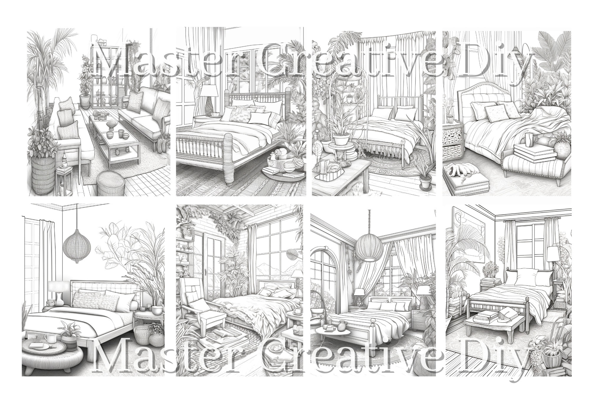 35 Boho Interior Design Coloring Pages for Adults,grayscale Coloring ...