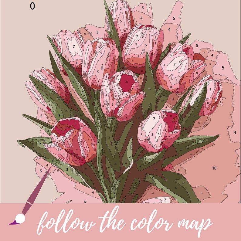 Color by Number Printable,paint by Number for Adult,pink Tulips Flower ...