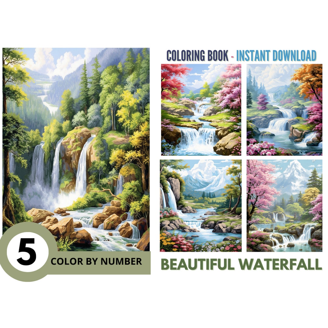 Bundle 5 Beautiful Waterfall Color by Number for Adult, Paint by Number ...