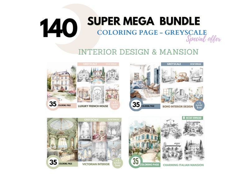140 Bundle Interior Design,coloring Pages for Adults,grayscale Coloring ...