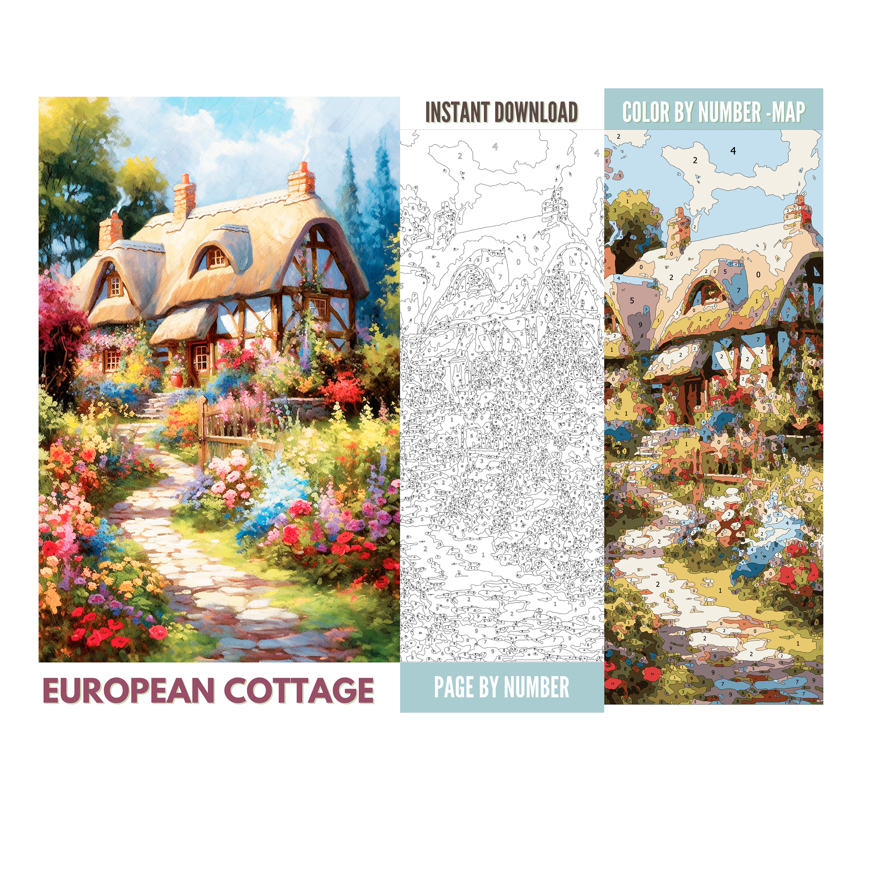 5 European Cottage Color by Number for Adult, Paint by Number Printable ...