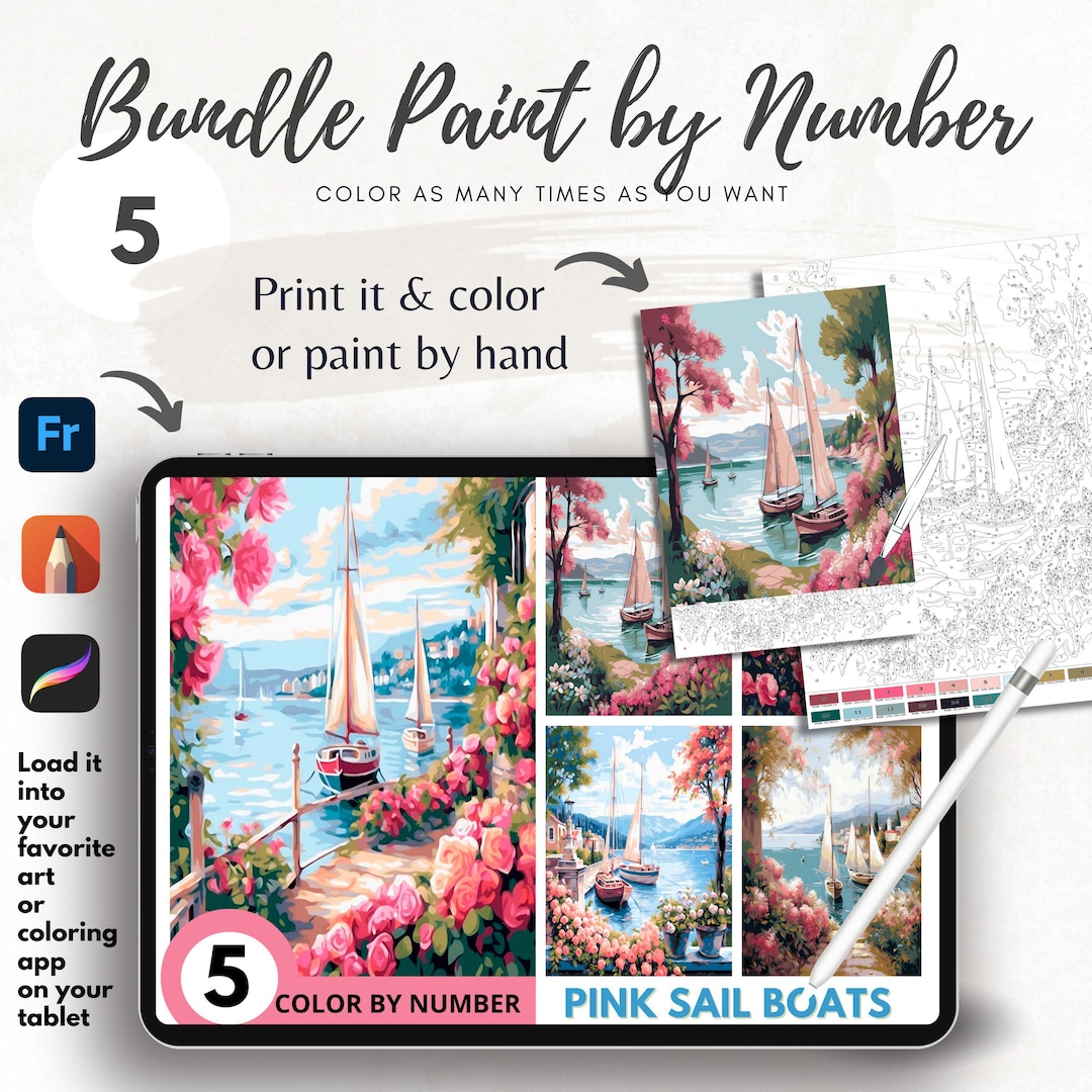 Color by Number for Adult, Paint by Number Printable,5 Sea Sail Boats ...