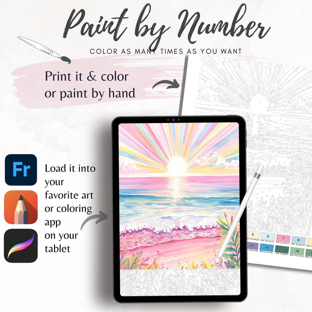 Beach Landscape Color by Number for Adult, Paint by Number Printable ...