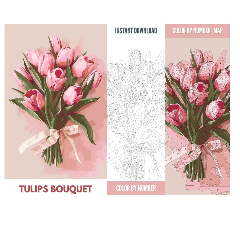 Color by Number Printable,paint by Number for Adult,pink Tulips Flower ...