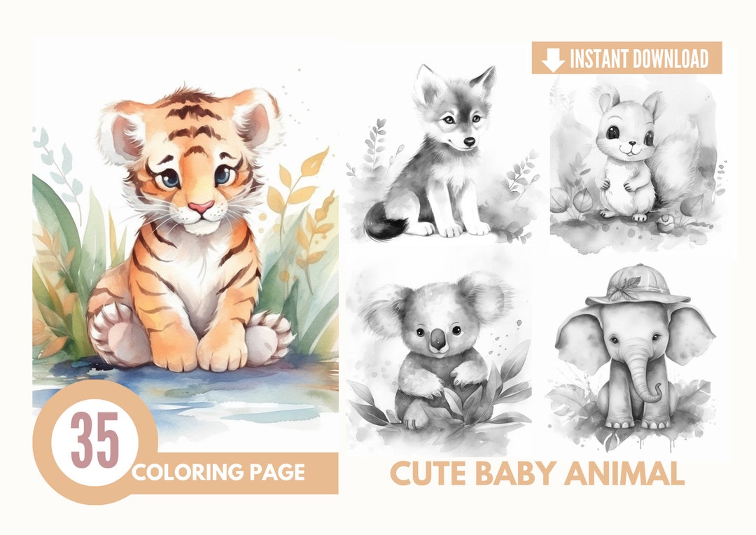 35 Cute Baby Animal Coloring Pages for Adultsgrayscale - Etsy