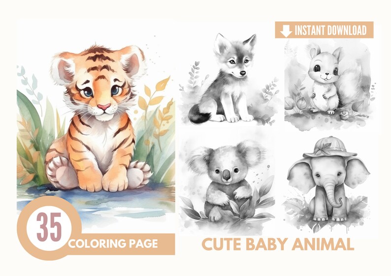 35 Cute Baby Animal Coloring Pages for Adultsgrayscale - Etsy